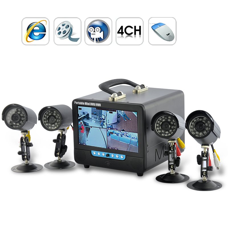 H.264 Mini DVR System - 4 IR Security Cameras and Portable 7 inch Monitor