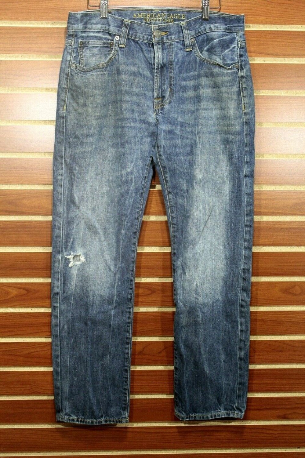 AE Destroyed Slim Straight Jeans Ripped Faded Medium Blue Wash Men's ...