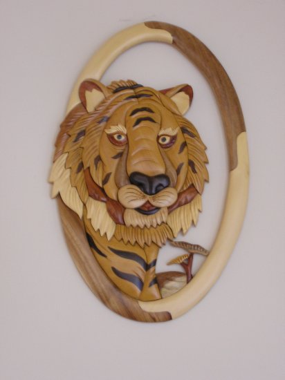 Tiger Head Oval Wall Hanging Intarsia Wood