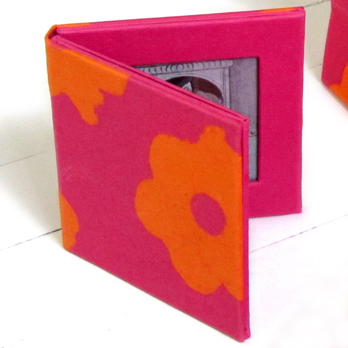 Picture handmade photo frame 2.5x2.5 folding double pink/orange flower ...