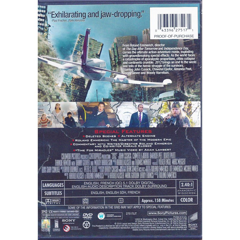 2012 DVD John Cusack Danny Glover Woody Harrelson Oliver Platt Widescreen