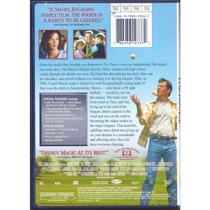The Rookie Disney DVD Dennis Quaid Based on the True Story of Jim ...