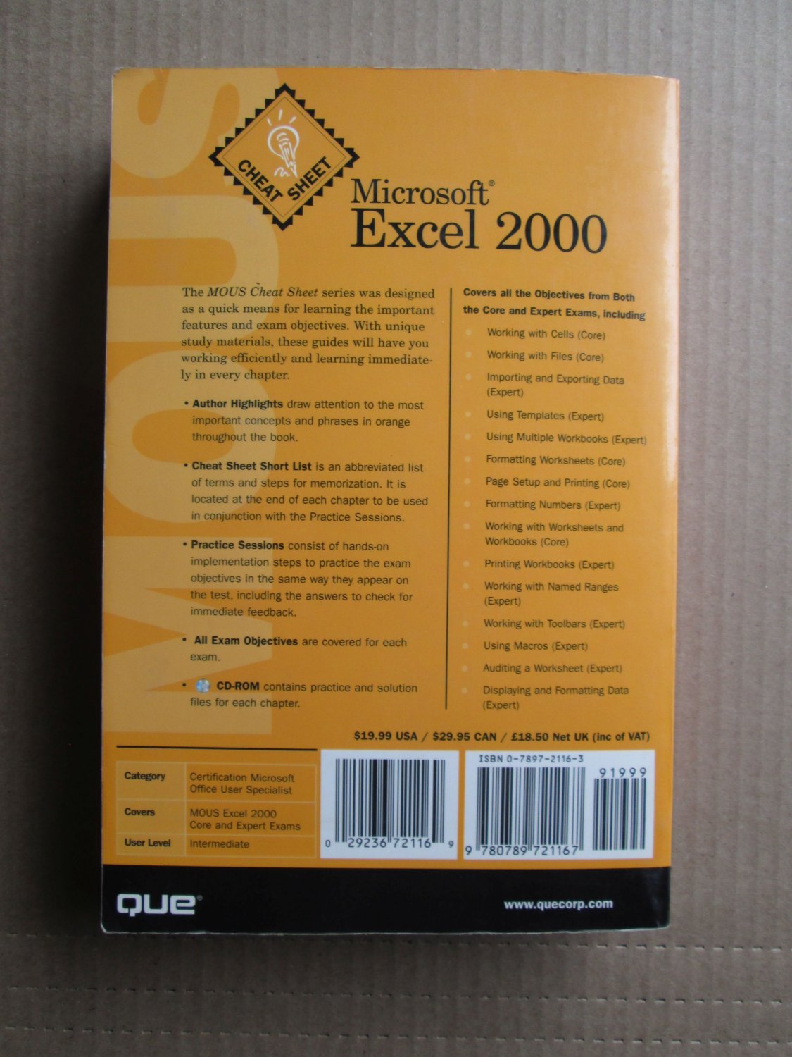 Microsoft Excel 2000: Mous Cheat Sheet by Rick Winter Que 1999 First Printing