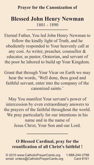 Cardinal John Henry Newman Prayer Card #161