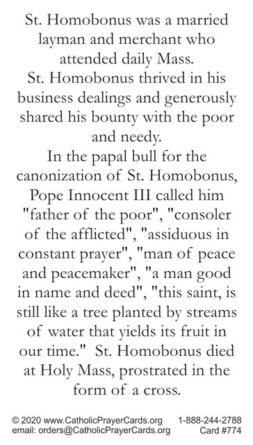 St. Homobonus Prayer Card PC#774
