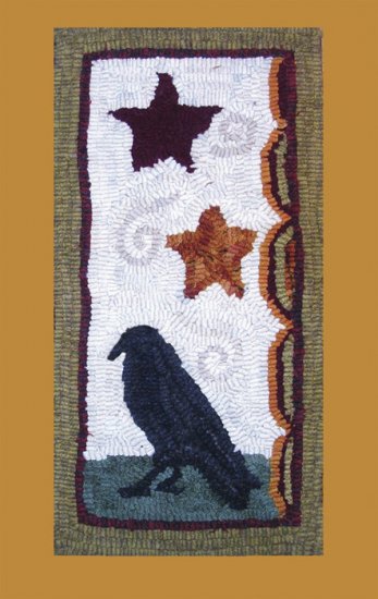 PRIMITIVE RUG HOOKING CROW PATTERN ~ ON LINEN