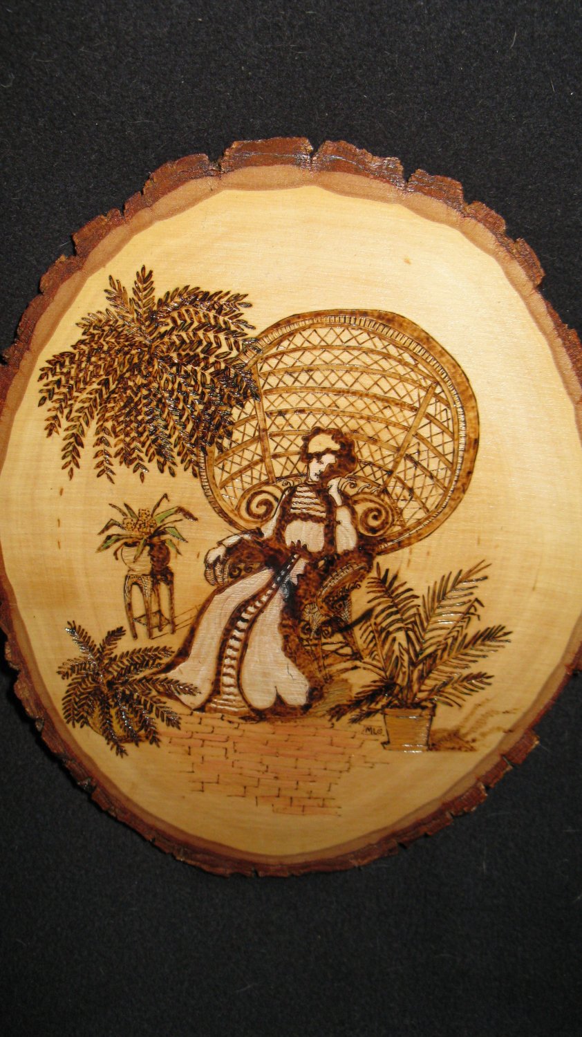 Lady in Wicker Chair Pyrography - Wood-Burning