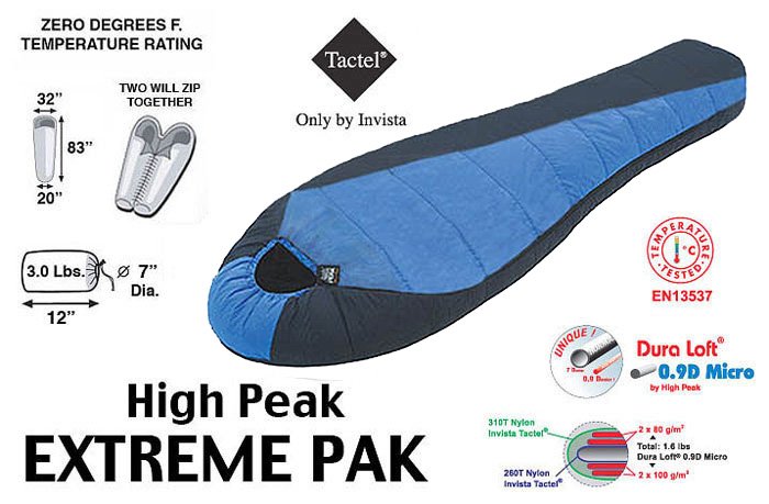 New High Peak EXTREME PAK Zero Degree COMPACT backpack sleeping bag