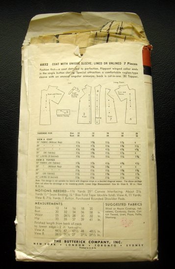 Vintage Sewing Pattern Swing Coat or Jacket Butterick 6852