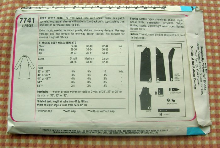 Mens robe vintage sewing pattern Simplicity 7741 small
