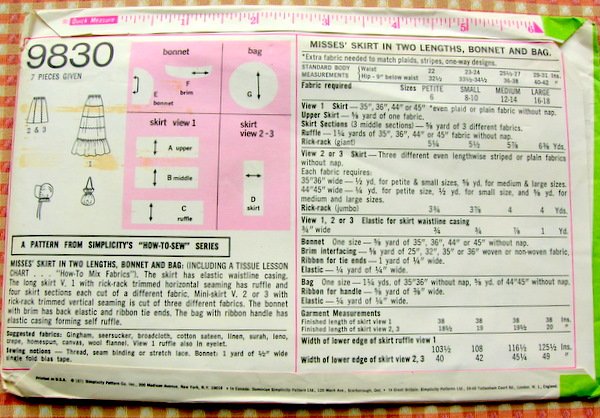 Bonnet and Ruffled Maxi Skirt Old Sewing Pattern Simplicity 9830 Small