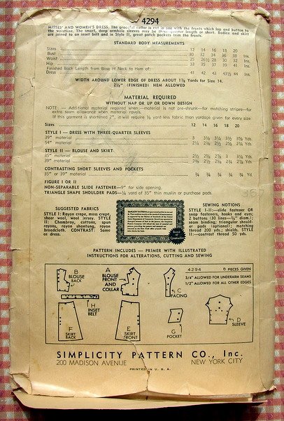 Misses 1940s Dress Vintage Sewing Pattern Simplicity 4294
