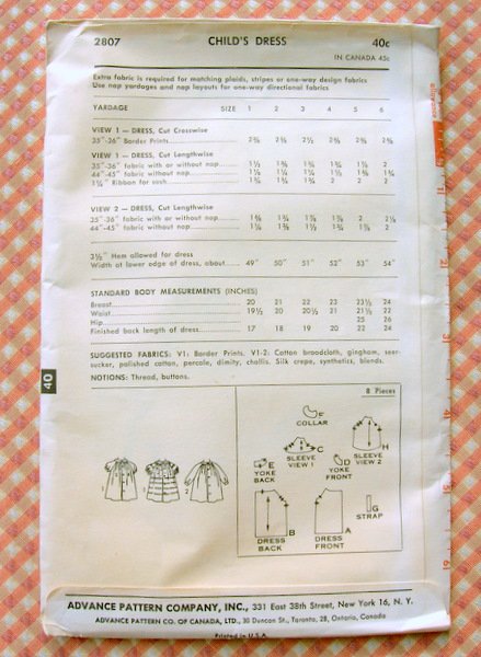 Toddler's Dress Vintage Sewing Pattern Advance 2807