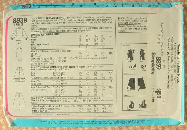 Girl's Skirt, Blouse and Vest Vintage Sewing Pattern Simplicity 8839