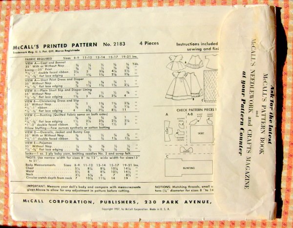 8" and 9" Baby Doll Clothes Sewing Pattern McCall's 2183