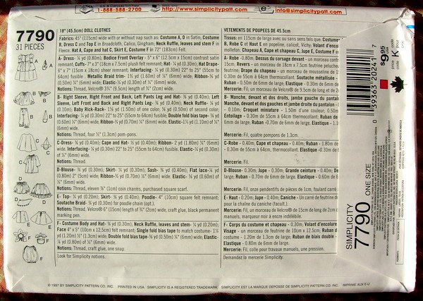 18" Doll Costumes Vintage 90s Sewing Pattern Simplicity 7790