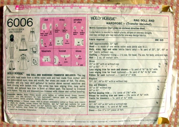 Holly Hobbie Rag Doll and Clothes Sewing Pattern Simplicity 6006