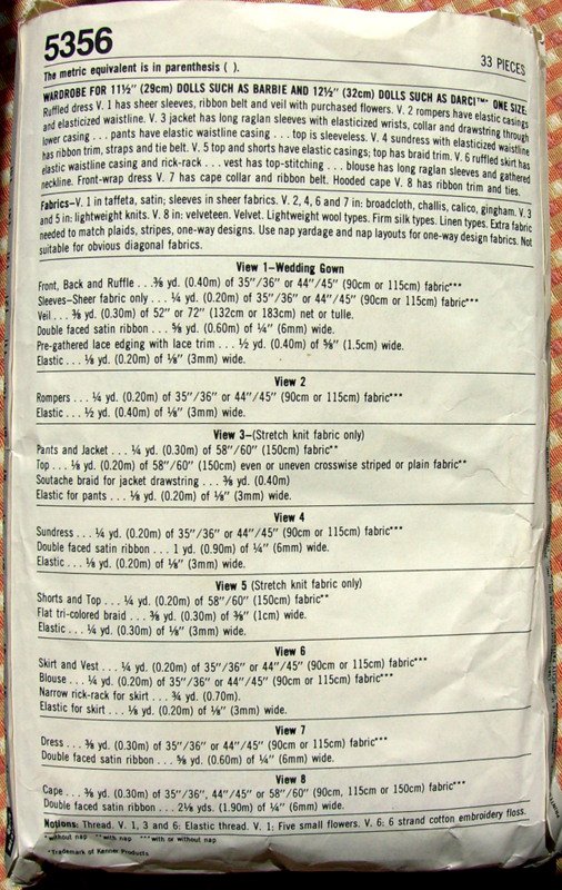 80s 11.5" or 12.5" Fashion Doll Clothes Simplicity Sewing Pattern 5356