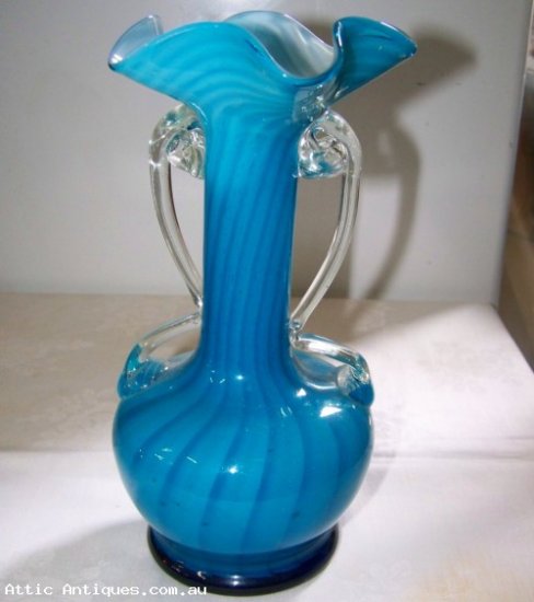 Vintage 1960s Azure Blue Glass Vase with clear handles