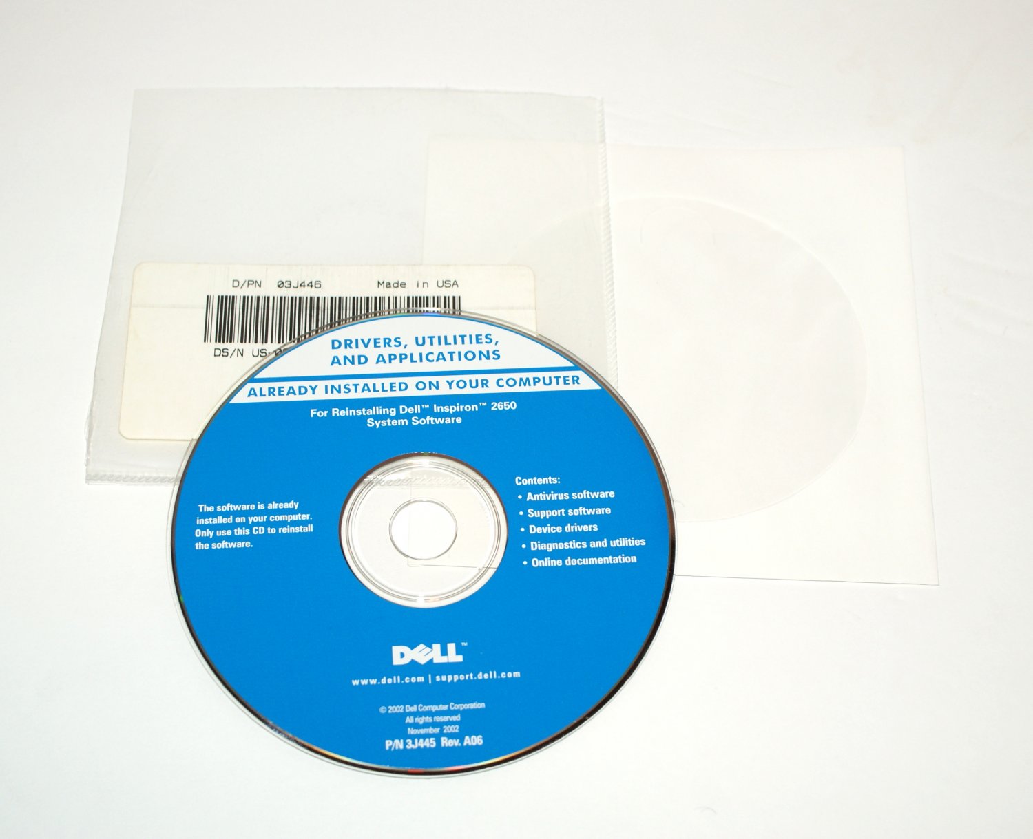 DELL DISC For Reinstalling INSPIRON 2650 SYSTEM SOFTWARE 2002 P/N 3J445 Rev. A06