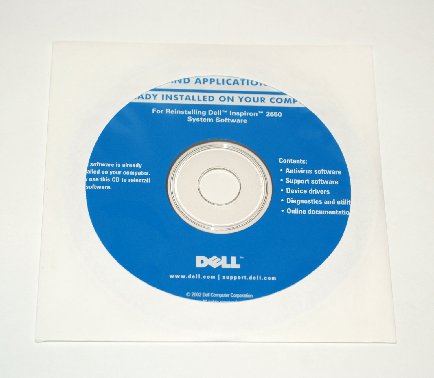 DELL DISC For Reinstalling INSPIRON 2650 SYSTEM SOFTWARE 2002 P/N 3J445 Rev. A06