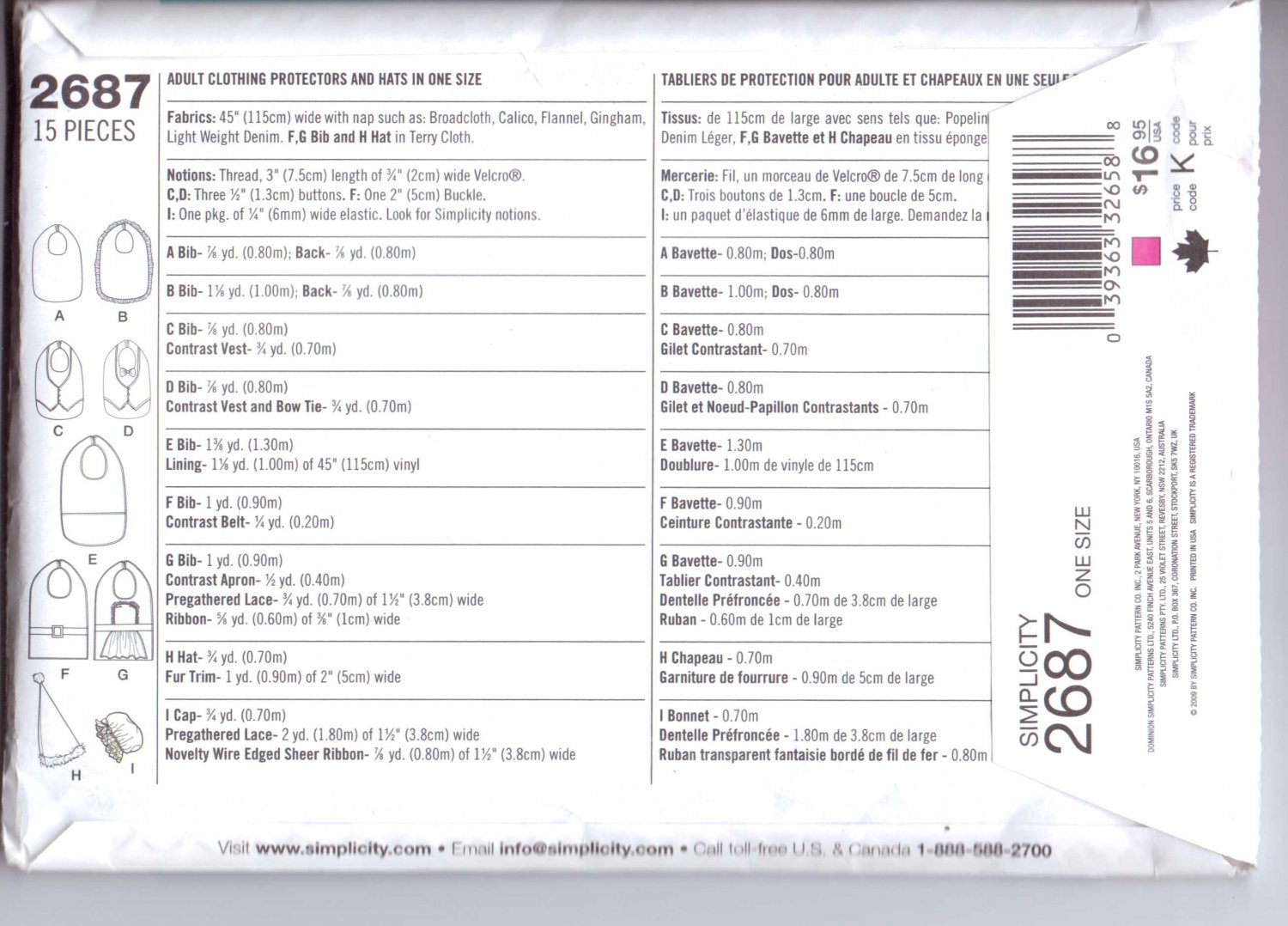 Simplicity Sewing pattern 2687 adult clothing protectores bibs