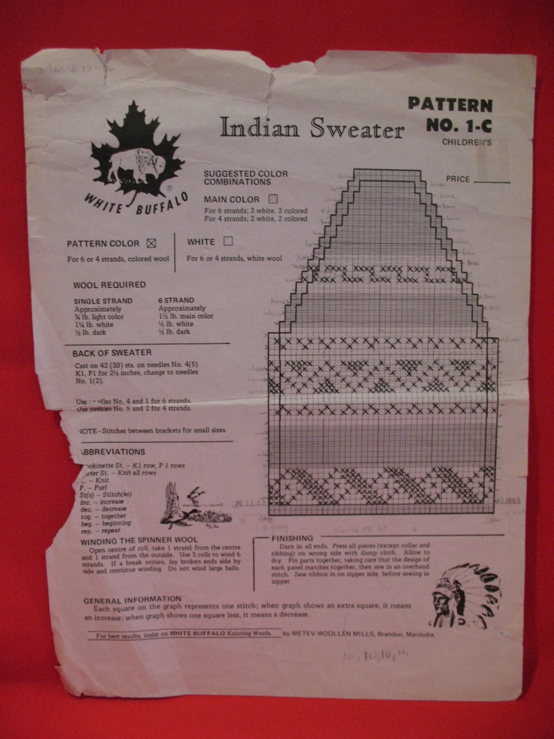 Vintage White Buffalo Indian Sweater Knitting Pattern Childrens