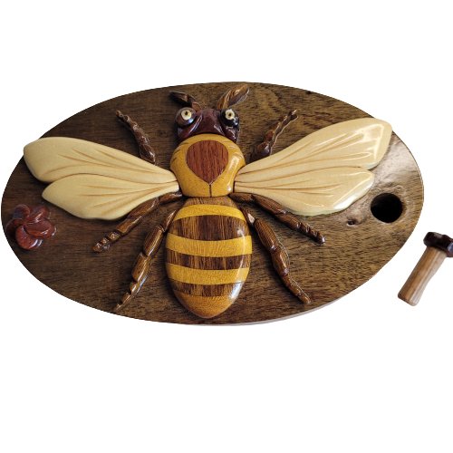 BEE Secret Puzzle Jewelry Box 3D Wooden Trinket Stash Hand Carved Wood