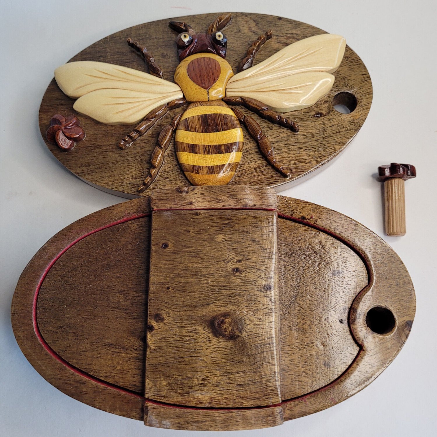 BEE Secret Puzzle Jewelry Box 3D Wooden Trinket Stash Hand Carved Wood