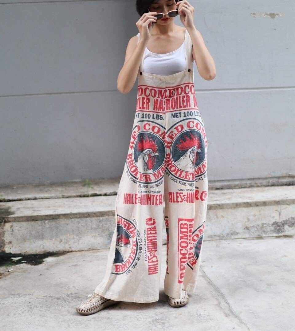 Flour Sack Chicken Rooster Hippie Overalls Coveralls Cottage Core Boho ...