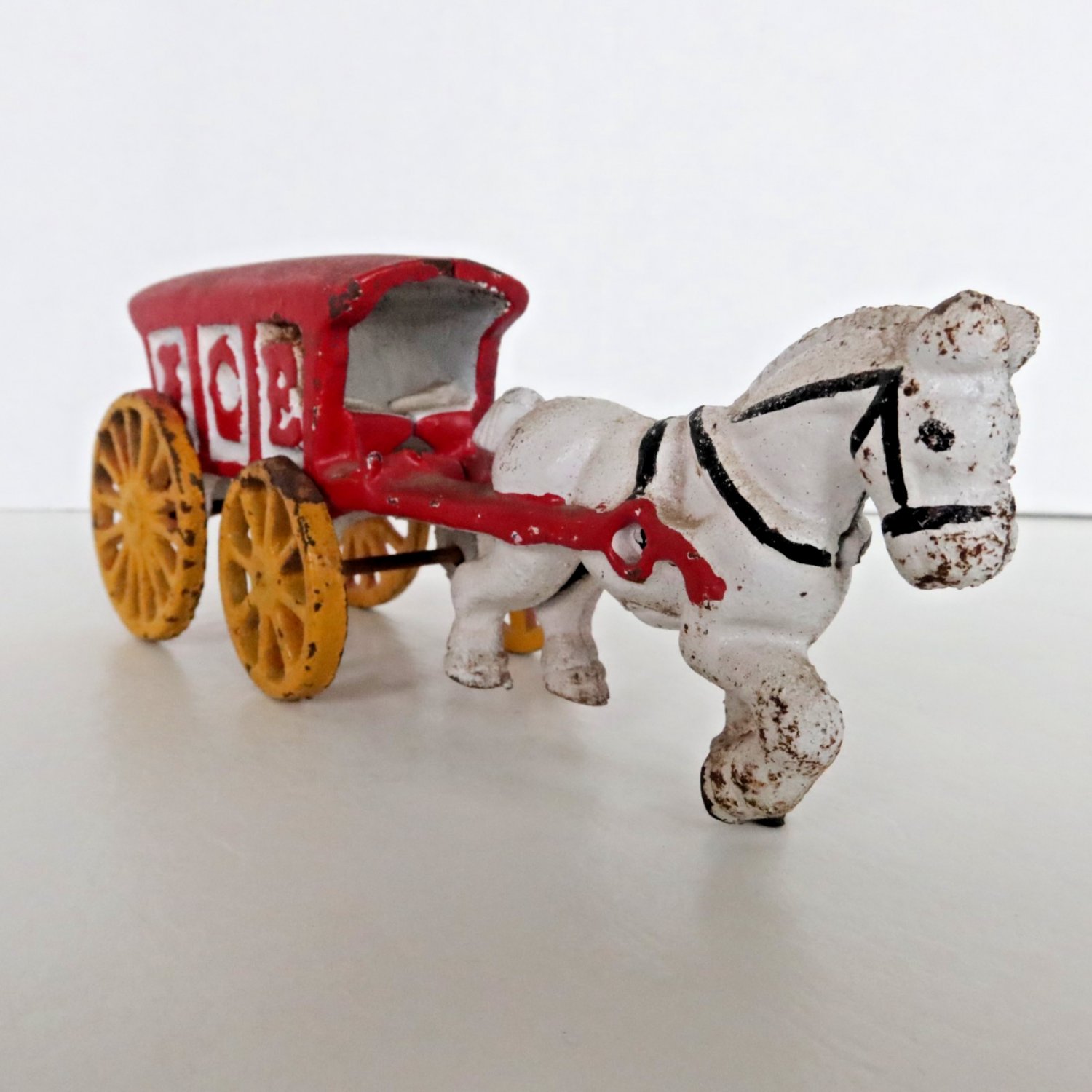 Vintage Cast Iron Ice Wagon Horse Drawn Pull Delivery Cart Collectible ...