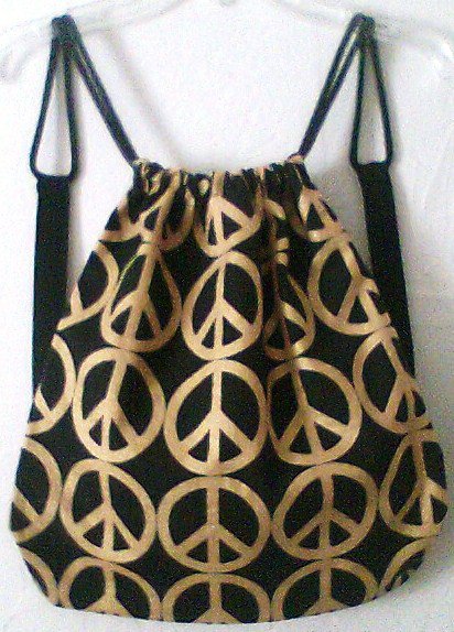 Patty Reed Gold Peace Signs Bag cinch sling backpack cotton sparkle new