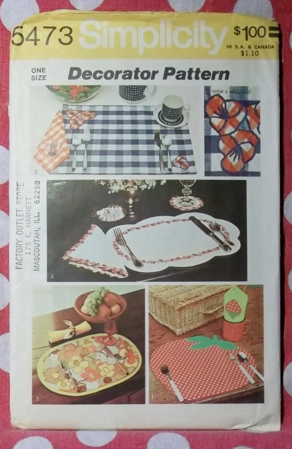 Vintage 70s Simplicity 5473 Set of Place Mats Napkins Pattern, Uncut