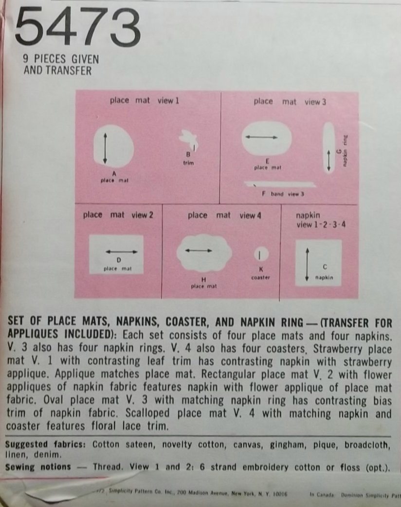 Vintage 70s Simplicity 5473 Set of Place Mats Napkins Pattern, Uncut