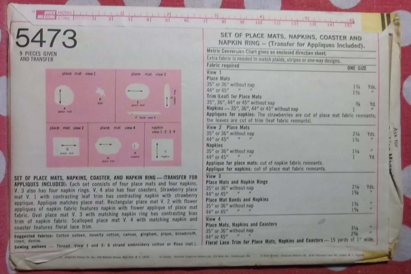 Vintage 70s Simplicity 5473 Set of Place Mats Napkins Pattern, Uncut