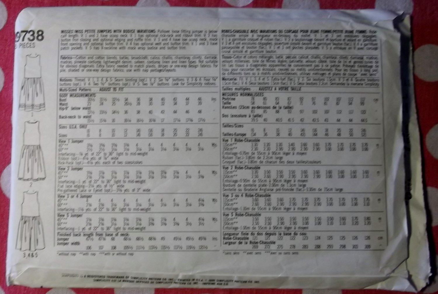 OOP Easy Simplicity 9738 Sewing Pattern Misses Jumper with Bodice ...