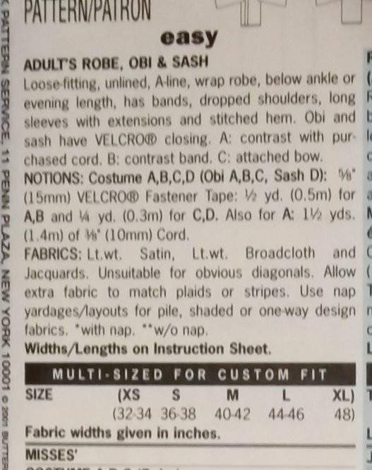 Easy Unisex Japanese Robe Kimono Sash Obi Butterick 6698 Sewing Pattern ...