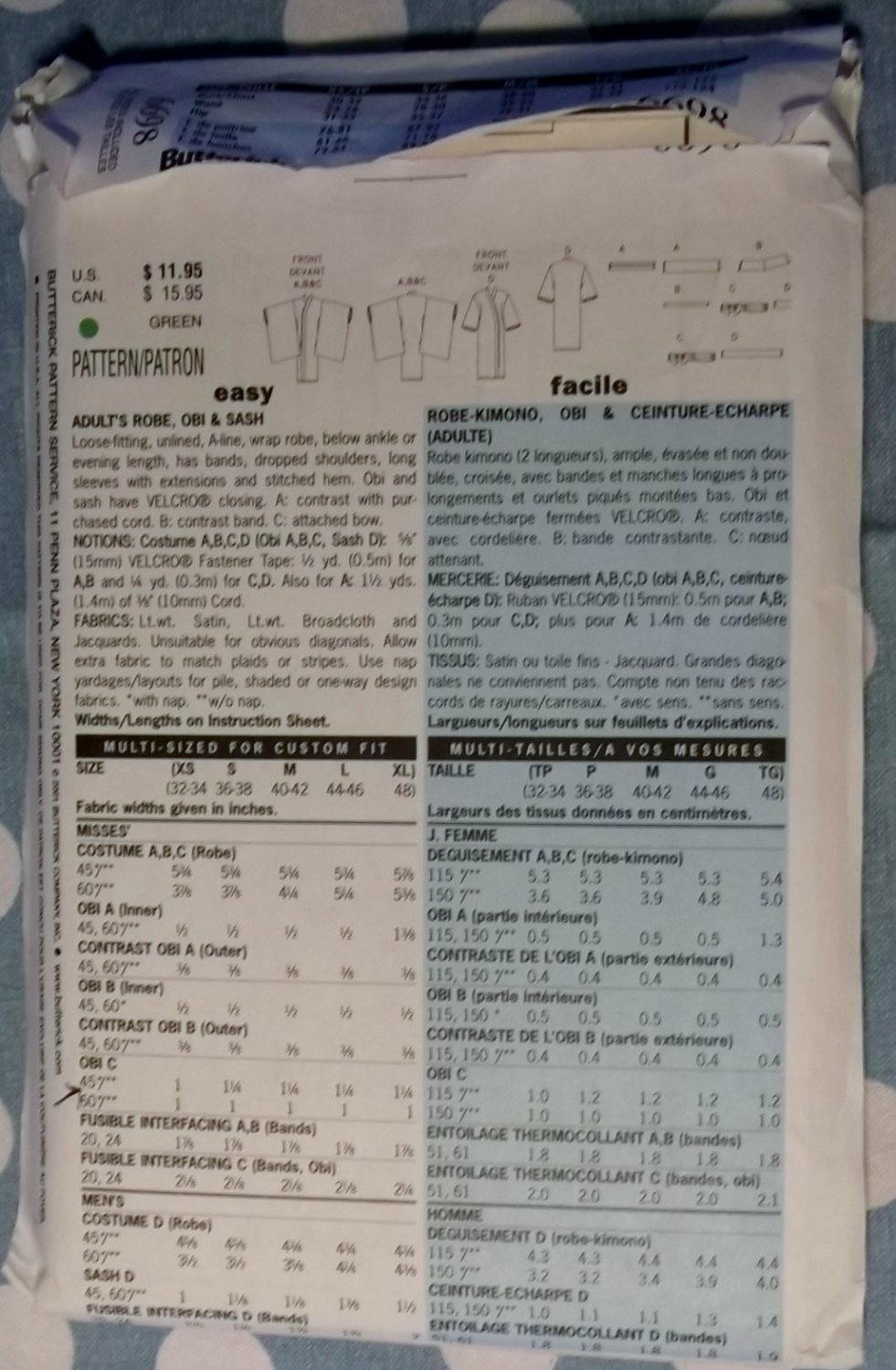 Easy Unisex Japanese Robe Kimono Sash Obi Butterick 6698 Sewing Pattern ...