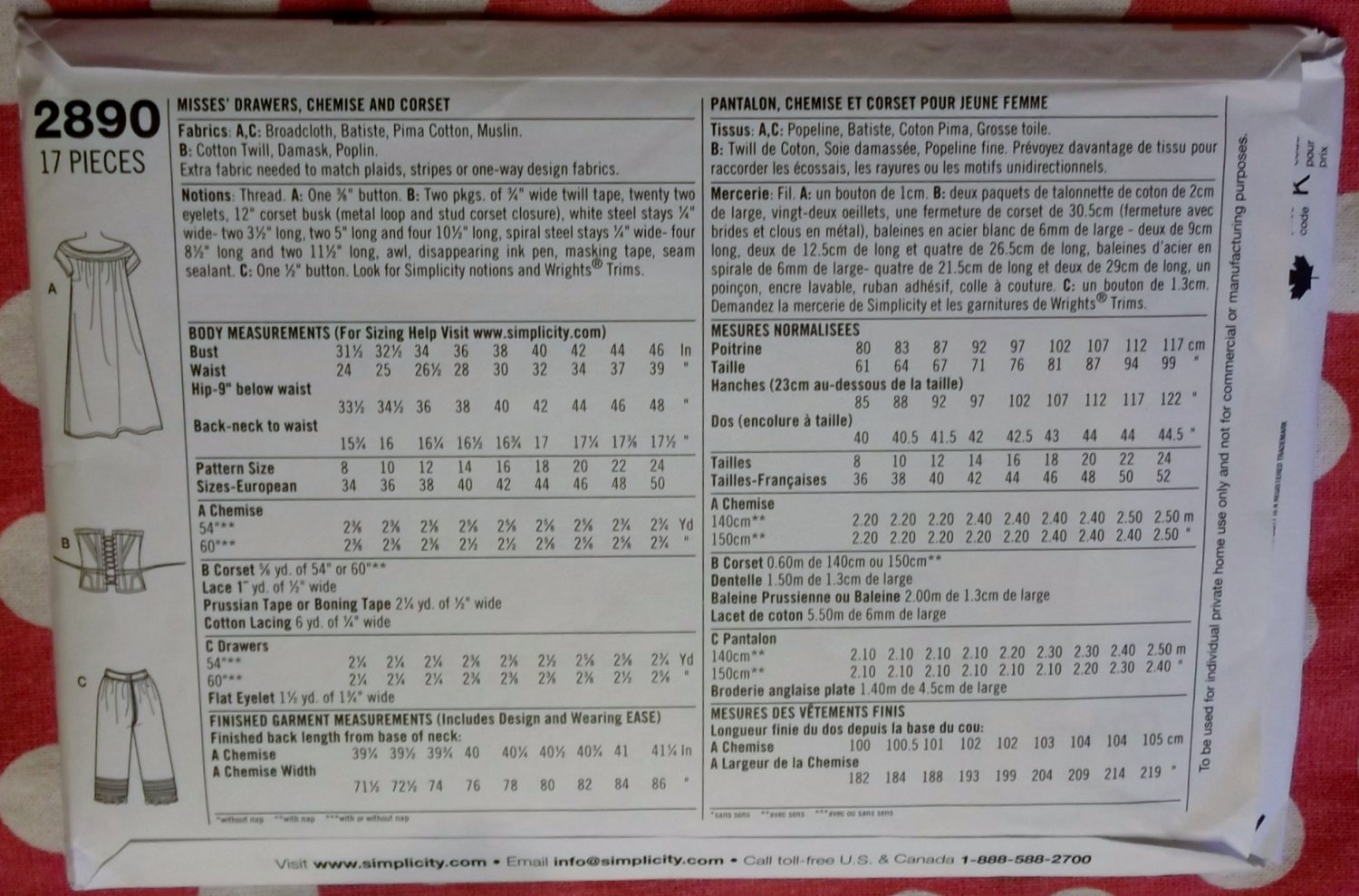 Misses Victorian Drawers, Chemise & Corset Simplicity 2890 Pattern, Sz ...