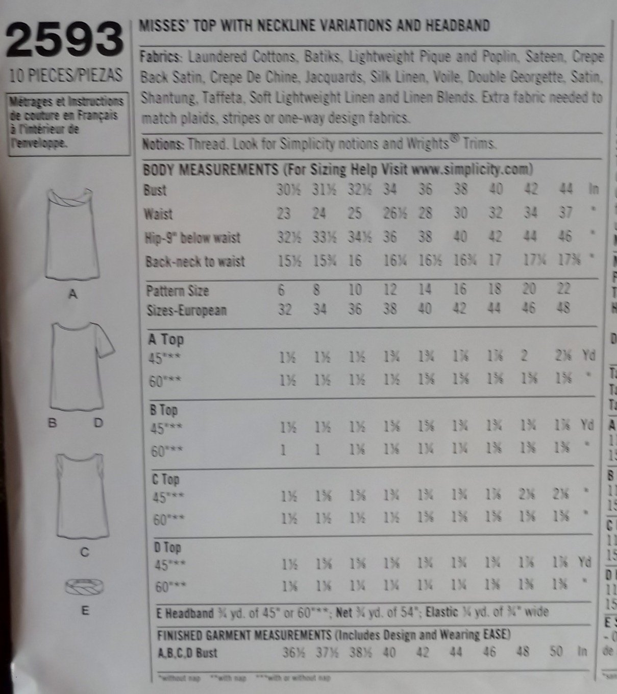 Cynthia Rowley Design Misses' Top Simplicity 2593 Pattern, Sz 6 to 14 ...