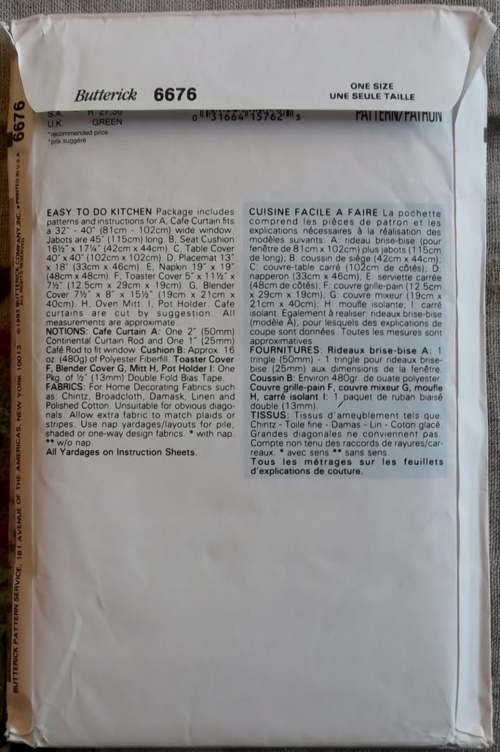 Waverly Easy to do Kitchen Decor Butterick 6676 Pattern, Uncut