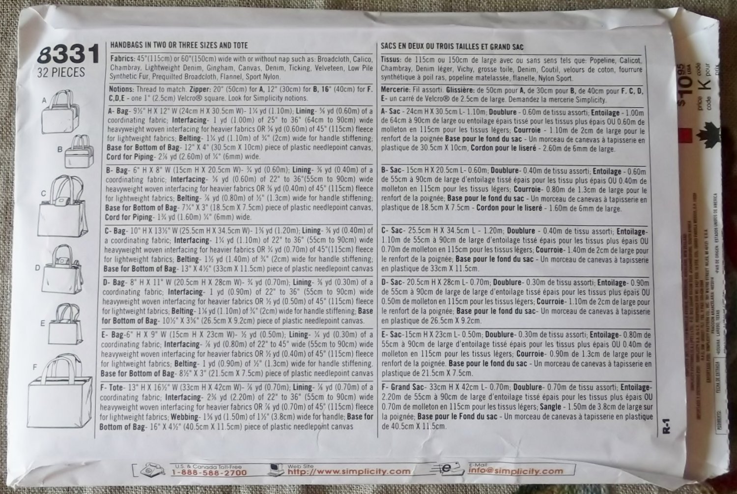 Simplicity 8331 Sewing Pattern Handbags in Two or Three Sizes & Tote, Uncut