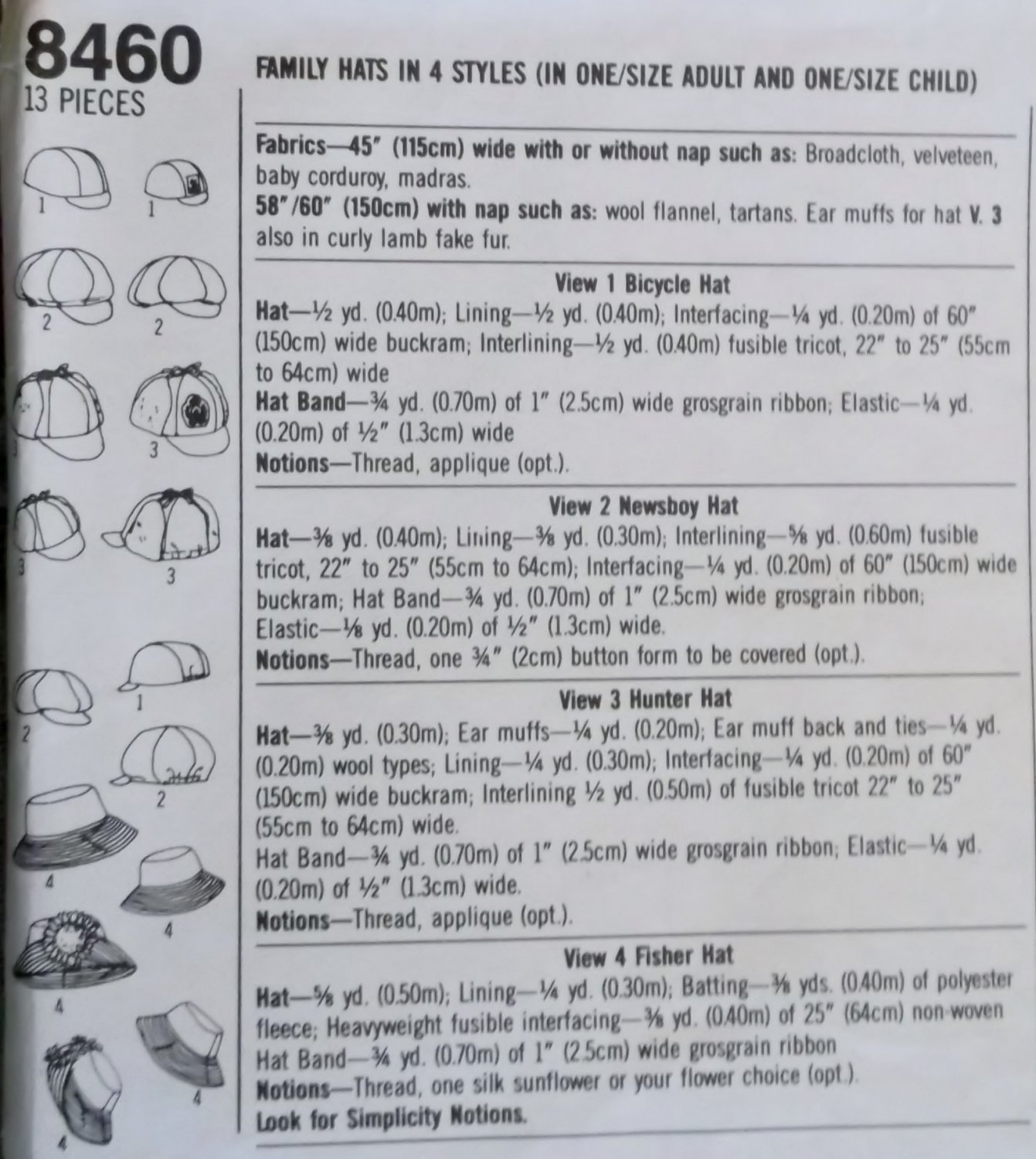 Simplicity 8460 Family Hats in 4 Styles Pattern OS UNCUT