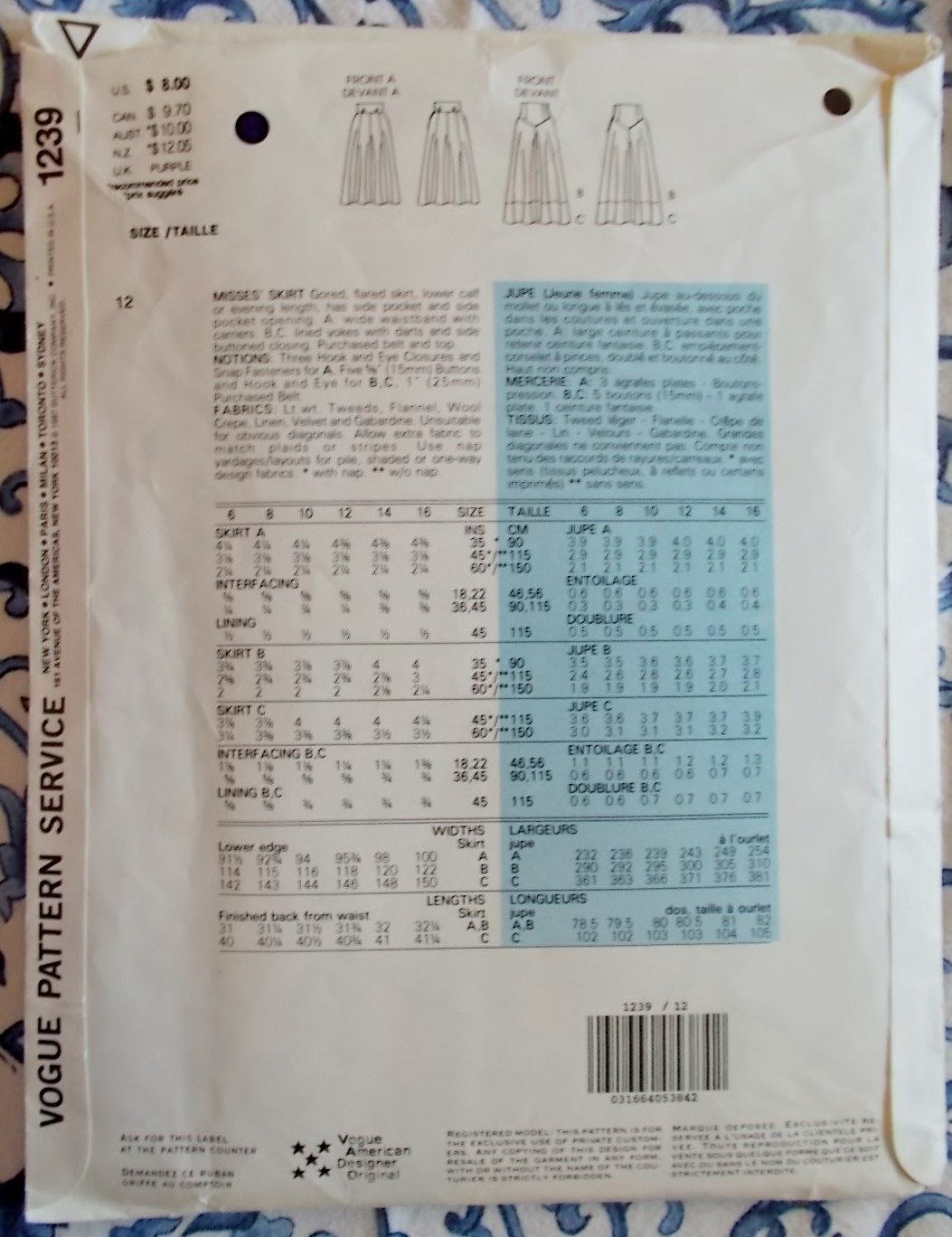 Vogue 1239 Perry Ellis Designer Misses' Skirt Pattern, Size 6, Bust 30 ...