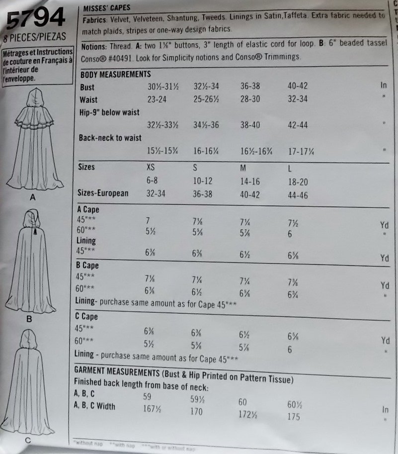 Simplicity 5794 Misses, Hooded Cape Pattern, XS S M L, Uncut
