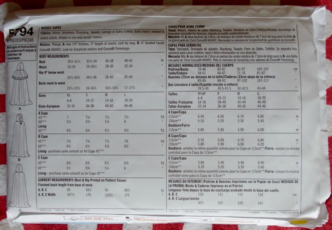 Simplicity 5794 Misses, Hooded Cape Pattern, XS S M L, Uncut