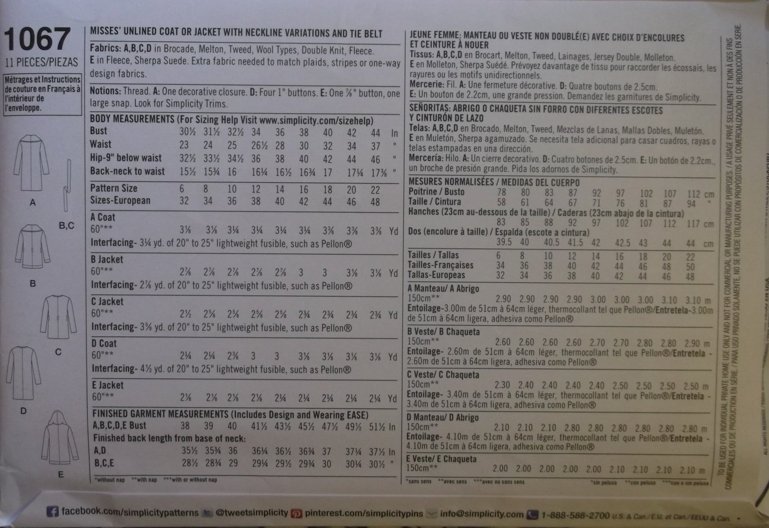 Misses' Easy-To-Sew Jacket or Coat Simplicity 1067 Pattern, Size 14 to ...