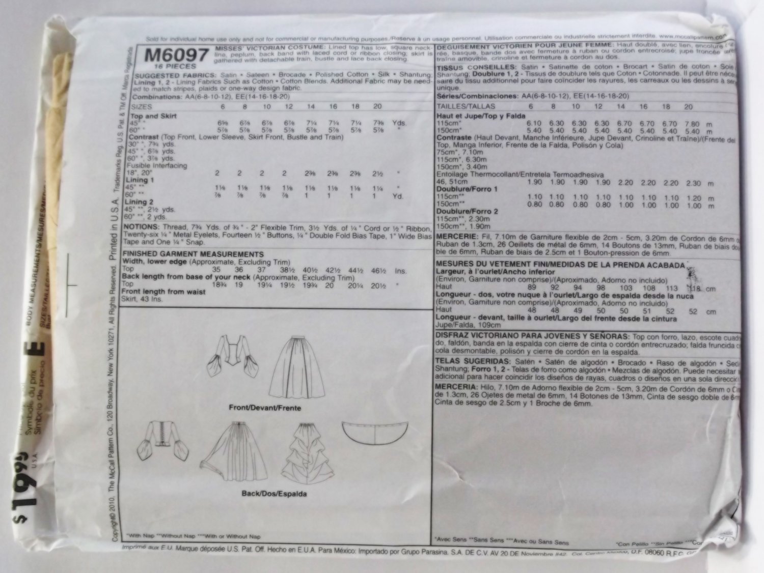 Historical Top, Skirt Detachable Train Bustle Costume McCalls M6097 ...