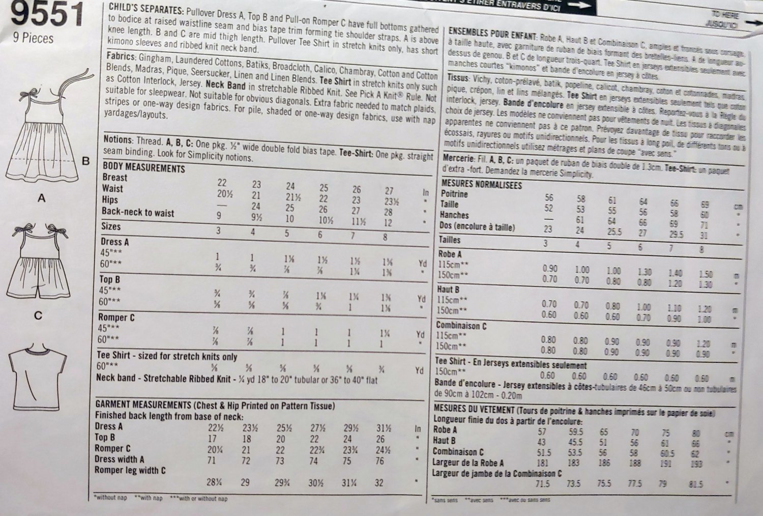 Simplicity 9551 Girls Dress Top Romper Pattern, Size 3 4 5 6, Uncut