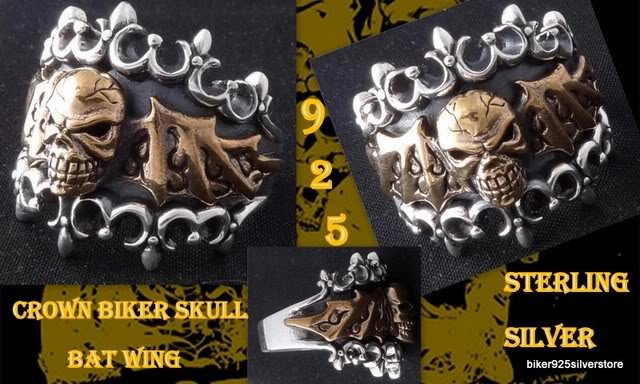 925 Sterling Silver Chopper CROWN BIKER SKULL BAT WING RING US sz 10.5
